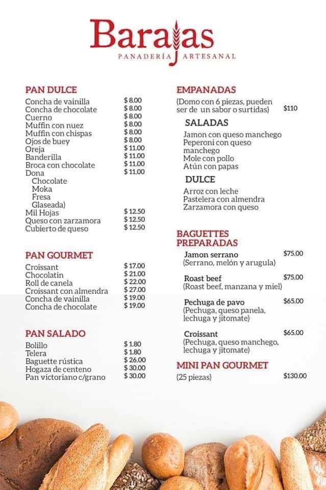 Menu at Panadería Barajas, Mexico City
