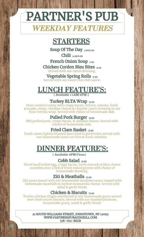 Menu at Partner's Pub and Grill, Johnstown