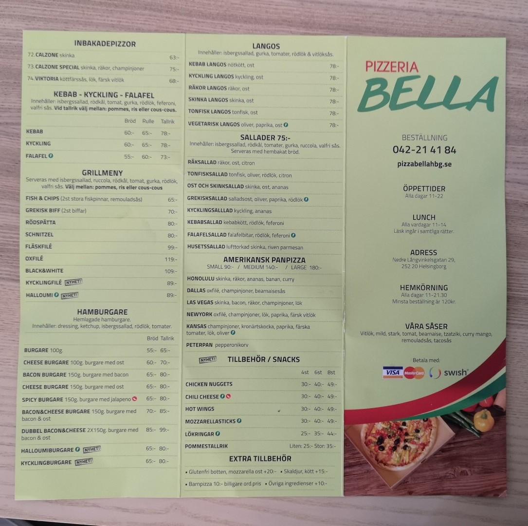 Menu at Pizzeria Bella, Helsingborg