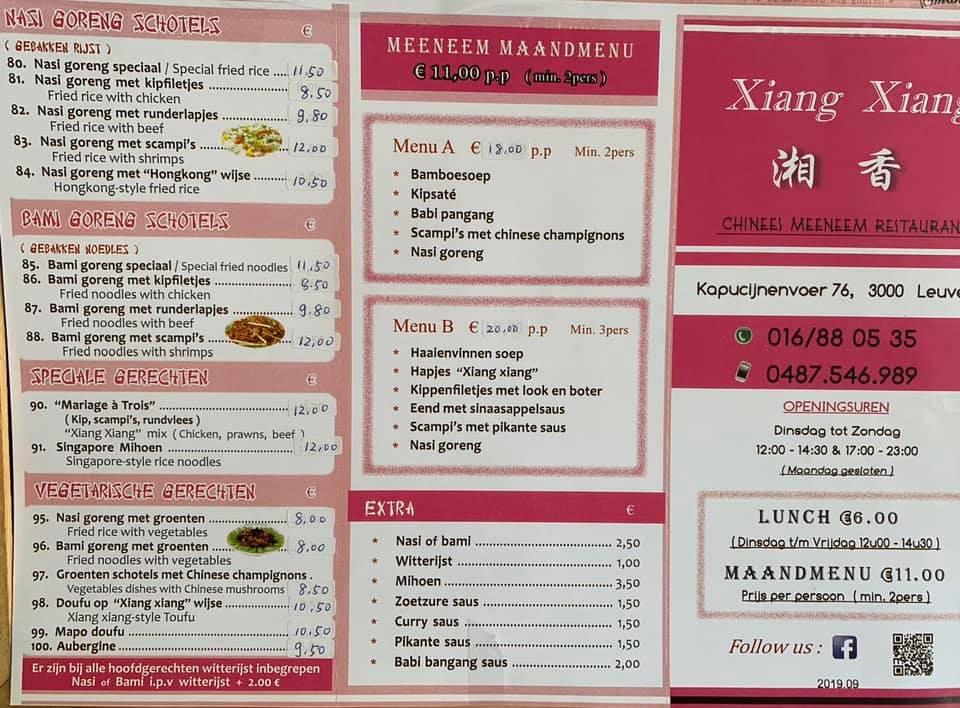Menu at Xiang Xiang, Leuven