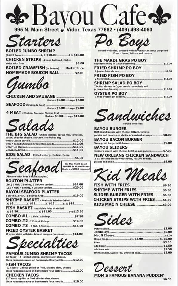 Menu at Bayou Cafe Vidor, Vidor