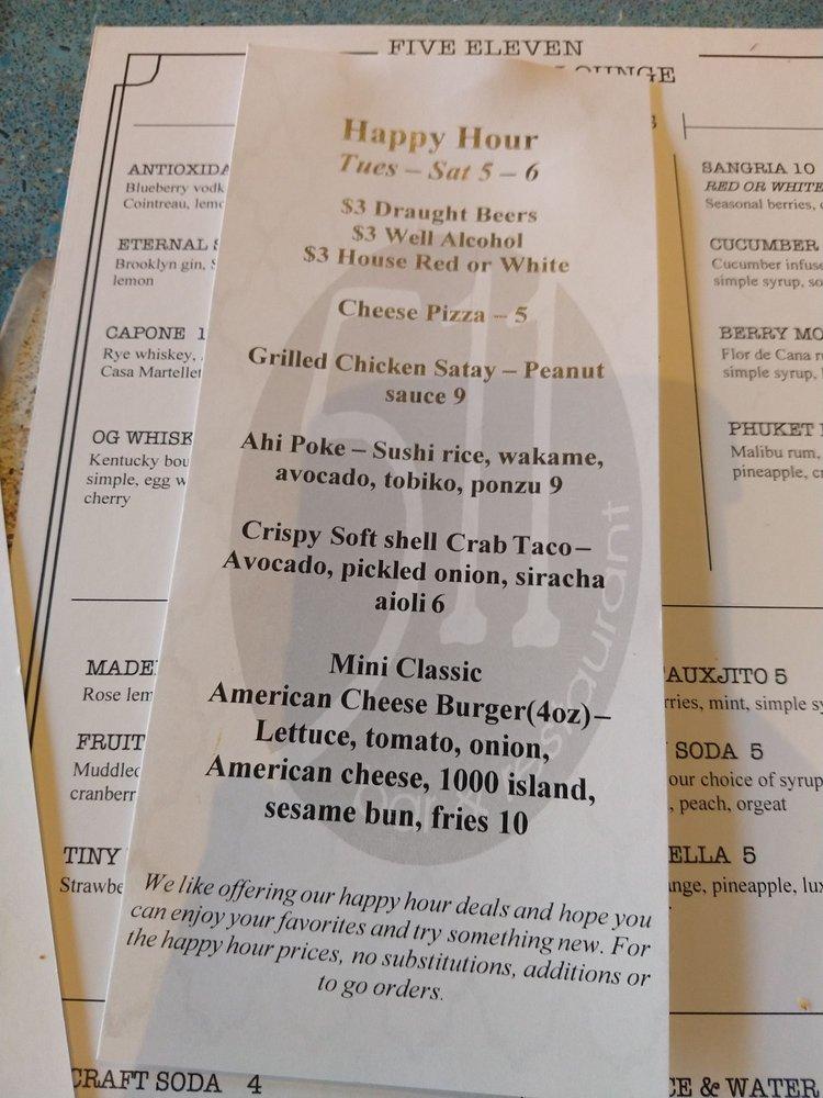 Menu at Five Eleven pub & bar, Eureka