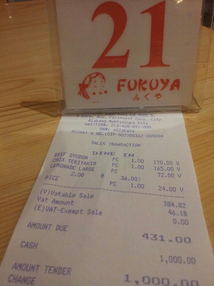 Menu at Fukuya Japanese Restaurant, Muntinlupa