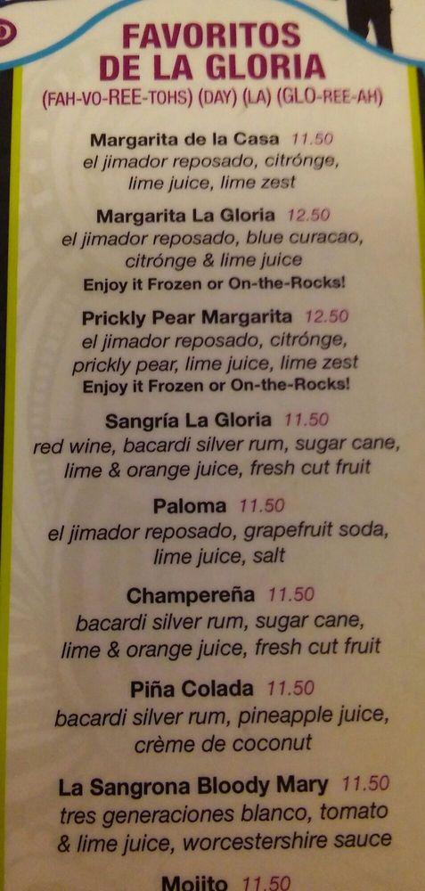 Menu at La Gloria restaurant, San Antonio, Airport Blvd
