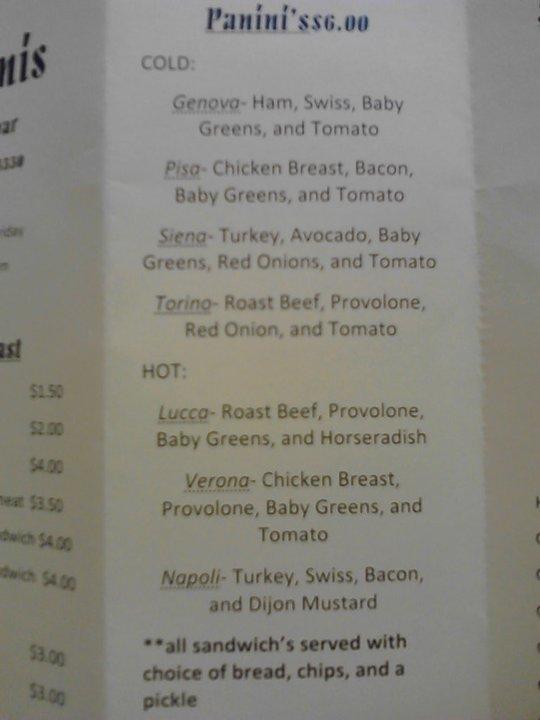 Menu at Paninis & Coffee Bar, Hagerstown