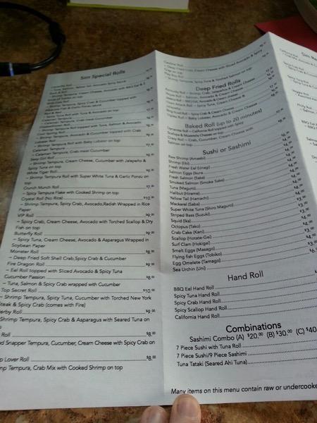 Menu at Sim Sushi & Steak restaurant, Elizabethtown