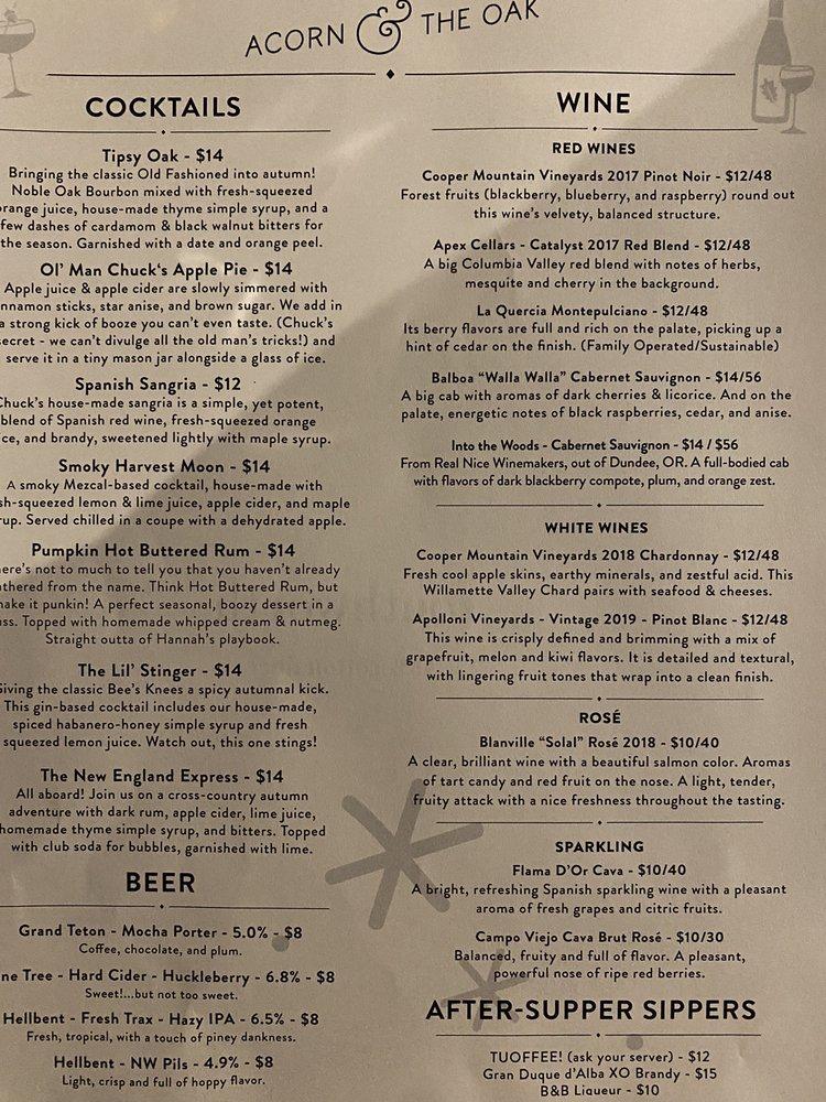 Menu at Acorn & the Oak pub & bar, Camas, NE Everett St