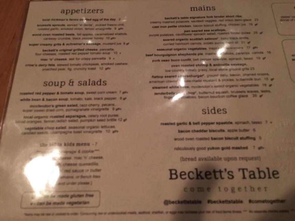 Menu at Beckett's Table restaurant, Phoenix
