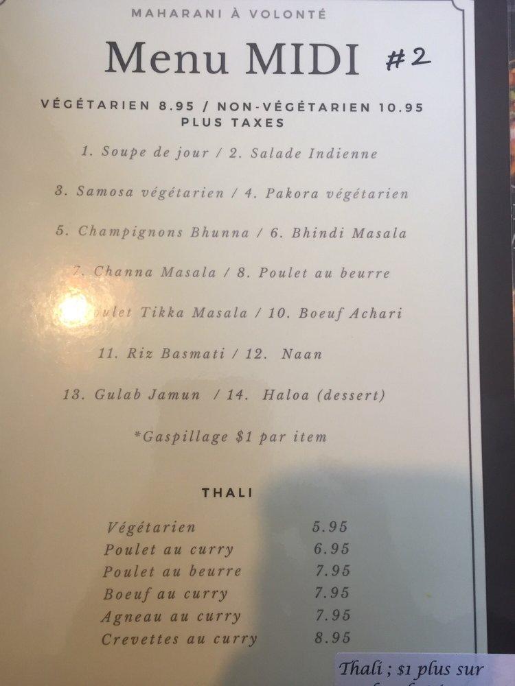 Menu at Buffet Maharani restaurant, Montréal, 808 Rue Jean-Talon O