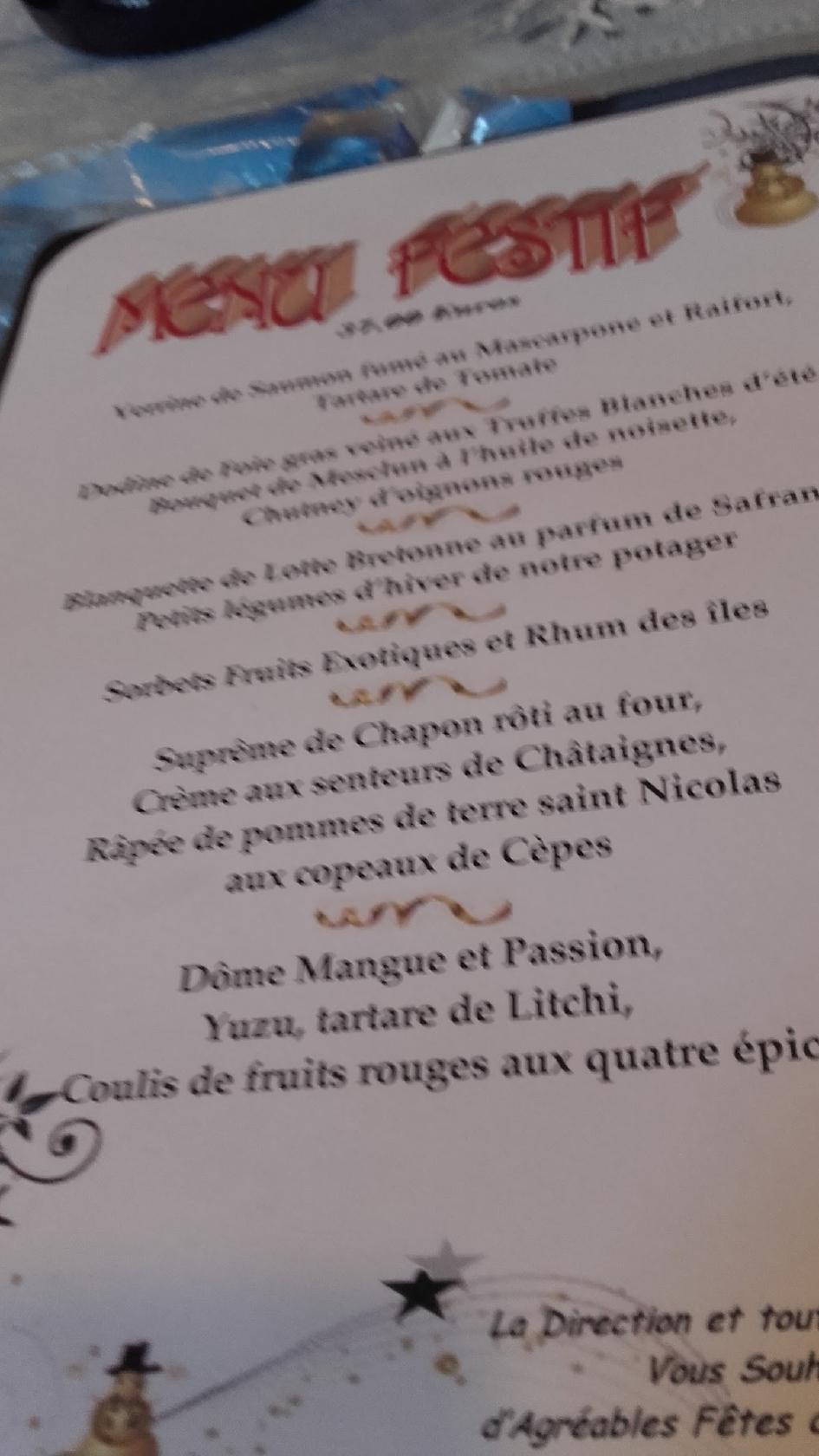 Menu at Château de la Barge, Grézieu-la-Varenne