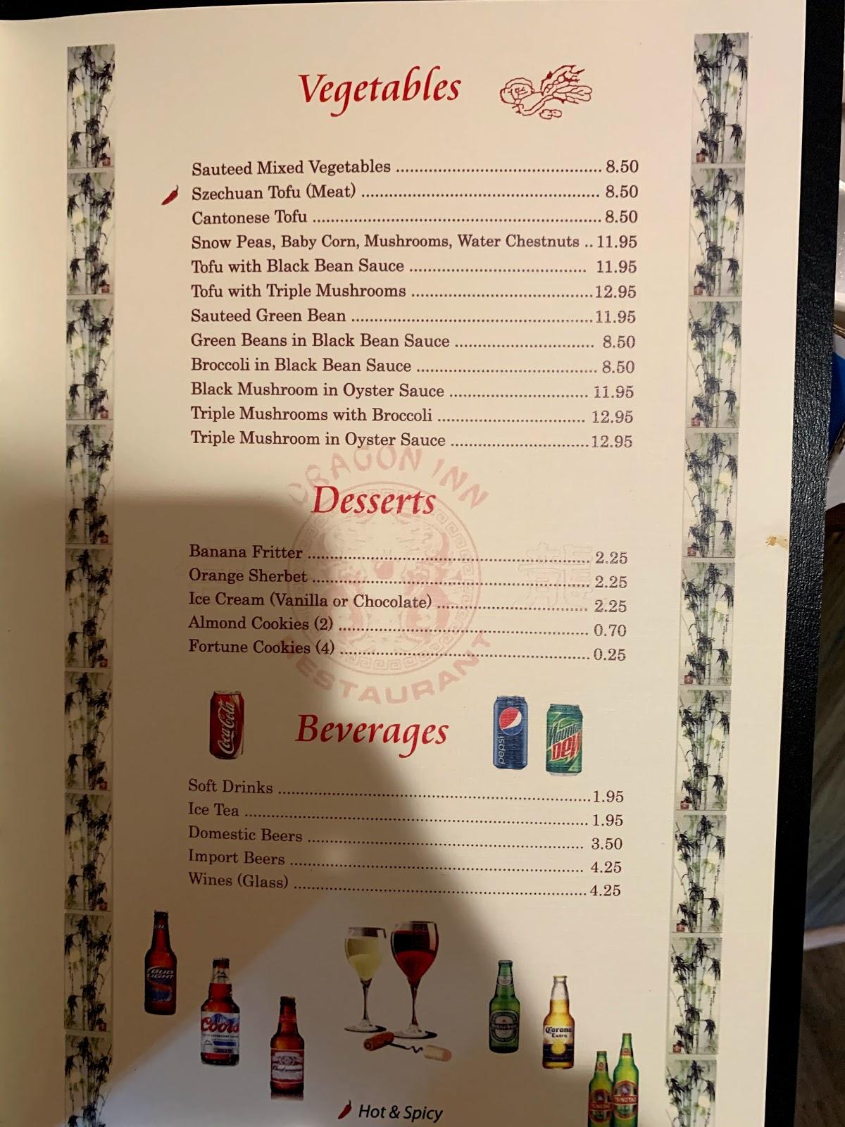 Menu at Dragon Inn restaurant, Marysville