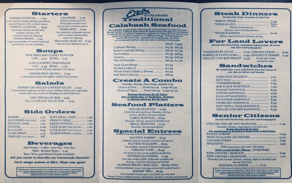 Menu at Ella's of Calabash restaurant, Calabash
