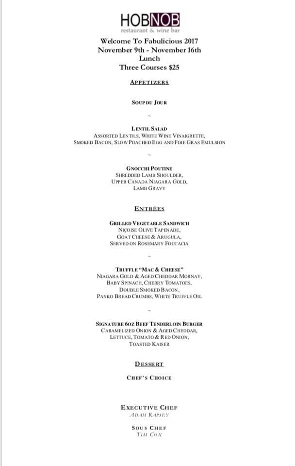 Menu at HOB NOB Restaurant, Niagara-on-the-Lake