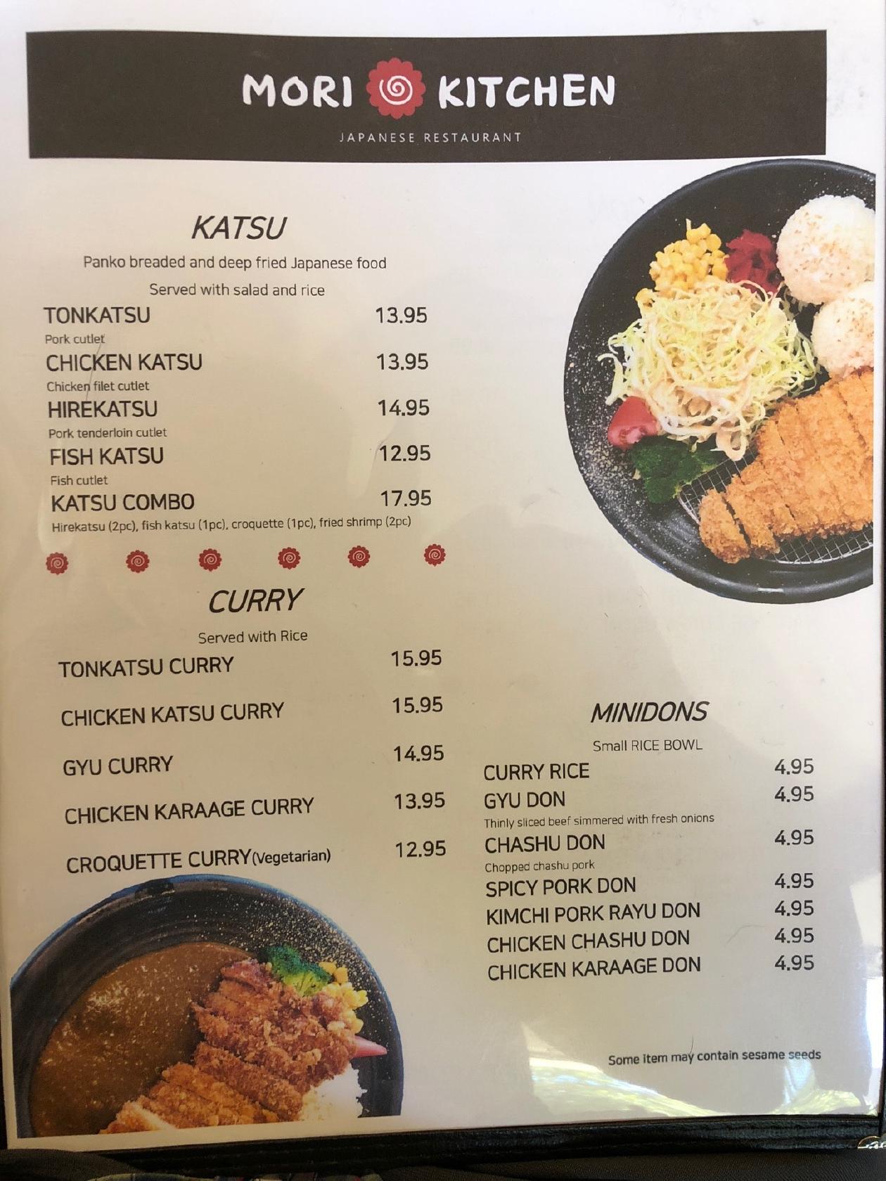 Menu at Mori Kitchen restaurant, San Jose