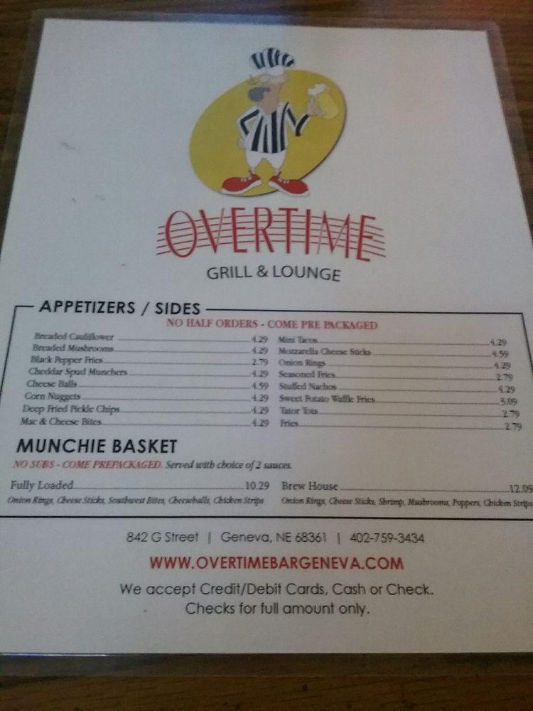 Menu at Overtime Grill & Lounge pub & bar, Geneva