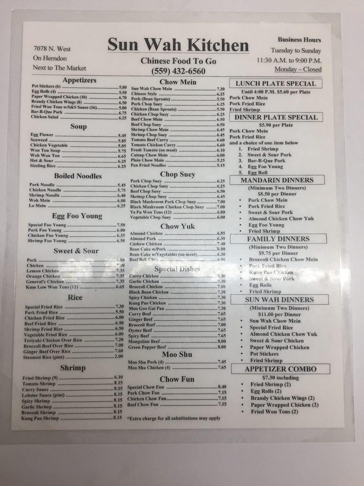 Menu at Sun Wah Kitchen restaurant, Fresno