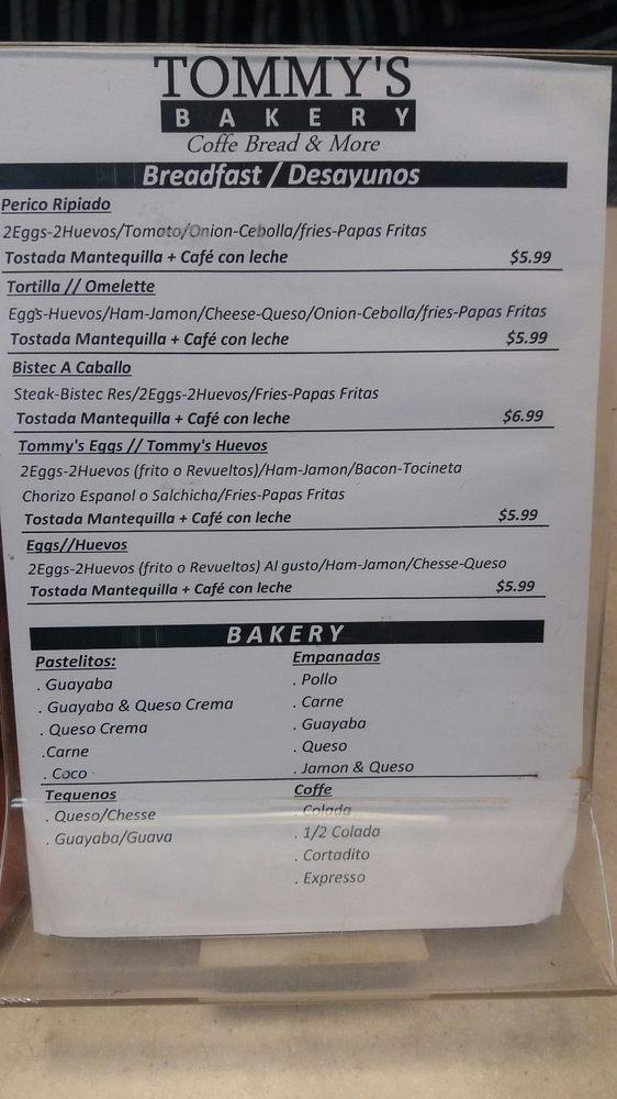 Menu at Tommy's Bakery, Hialeah