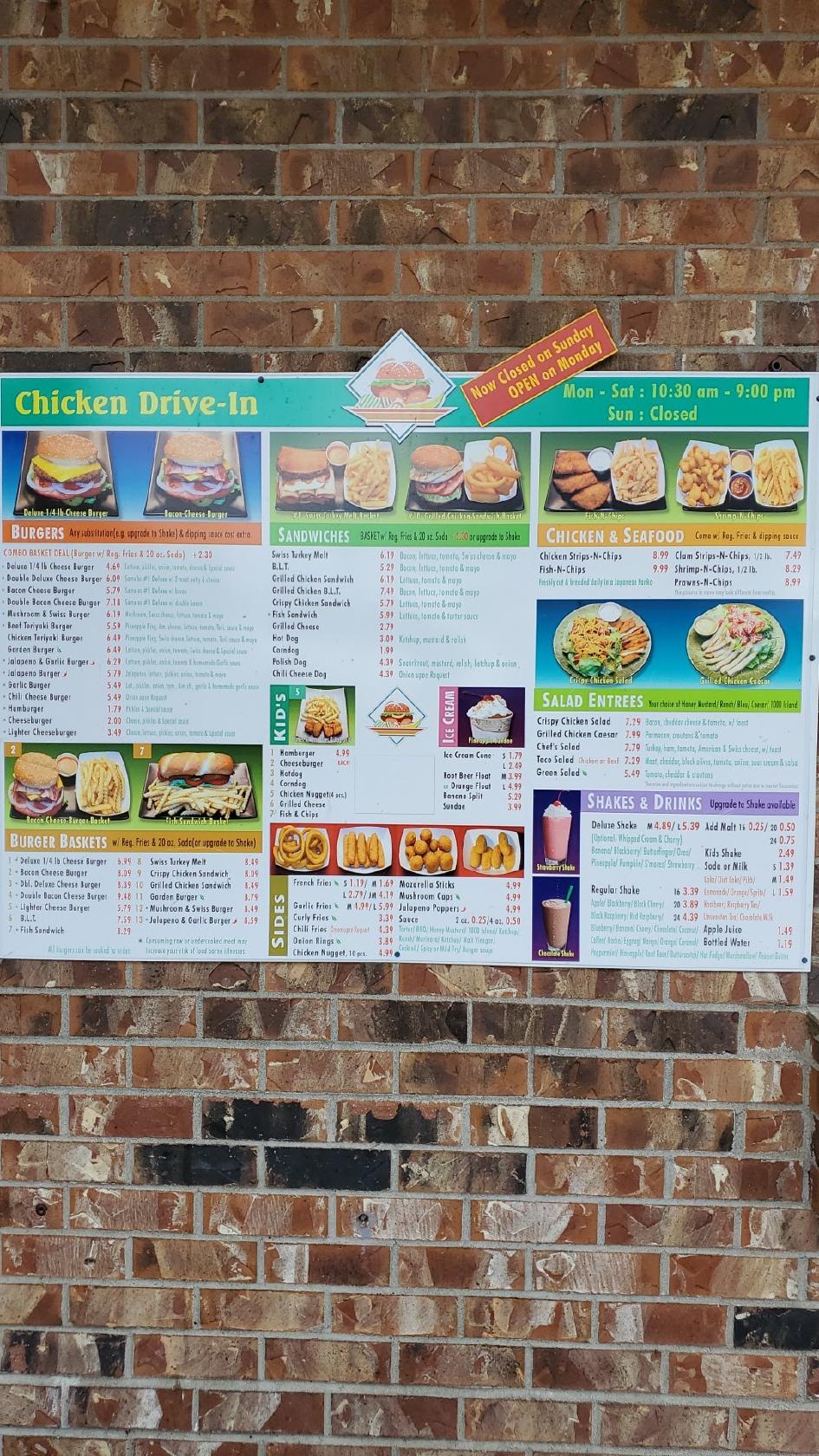 Menu at Chicken Drive-In restaurant, Lake Stevens
