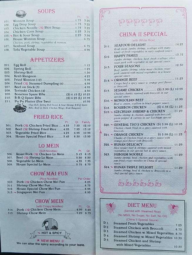 Menu at China II restaurant, Sanford, FL-46