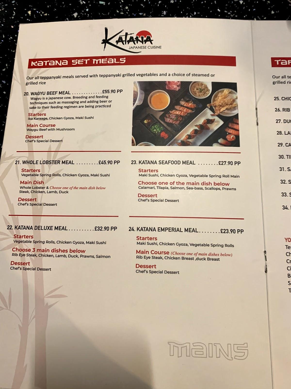 Menu at Katana restaurant, Grantham