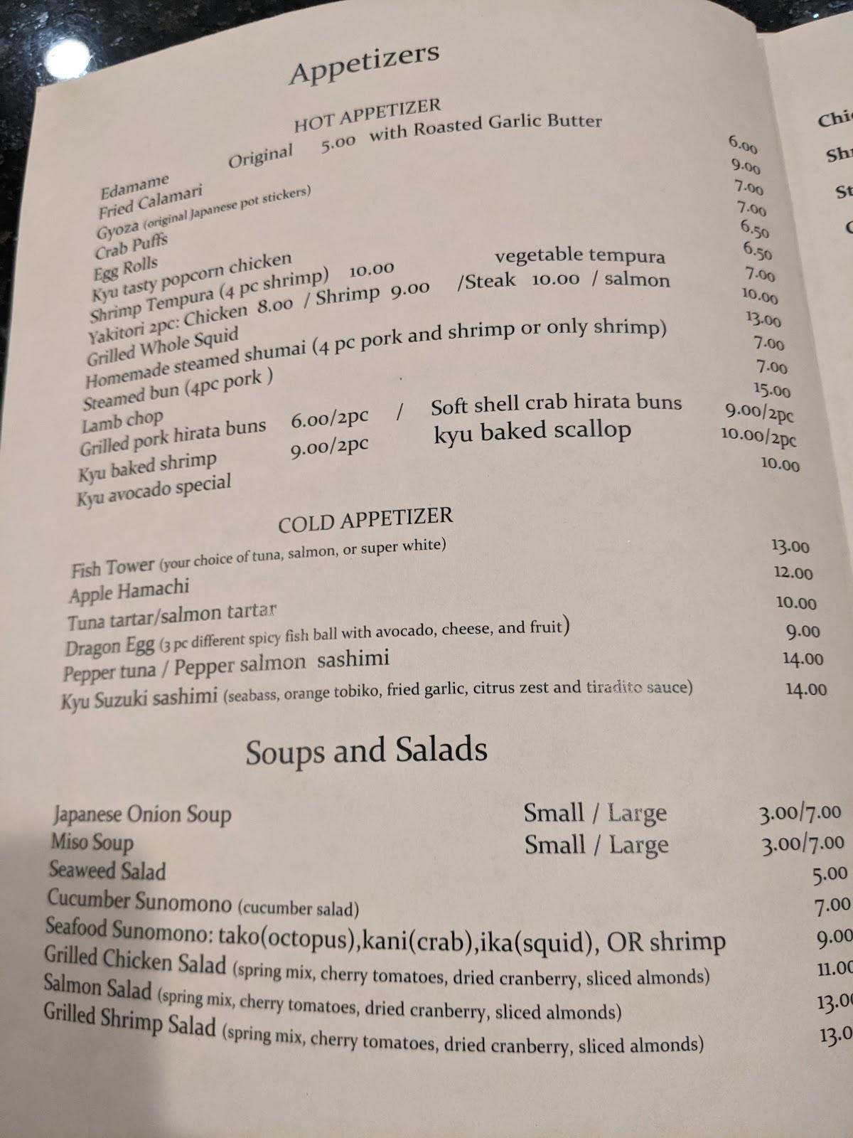 Menu at Kyu Sushi Asian Kitchen restaurant, The Woodlands