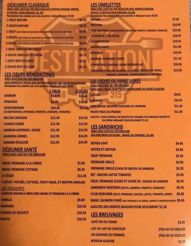 Menu at Restaurant La Destination, Gatineau