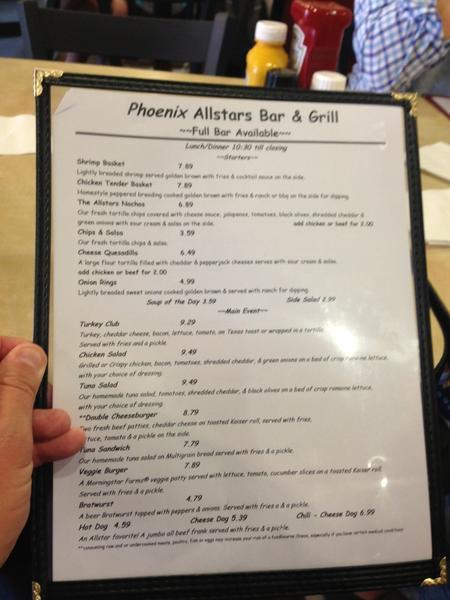 Menu at All Star Sports Bar, Phoenix