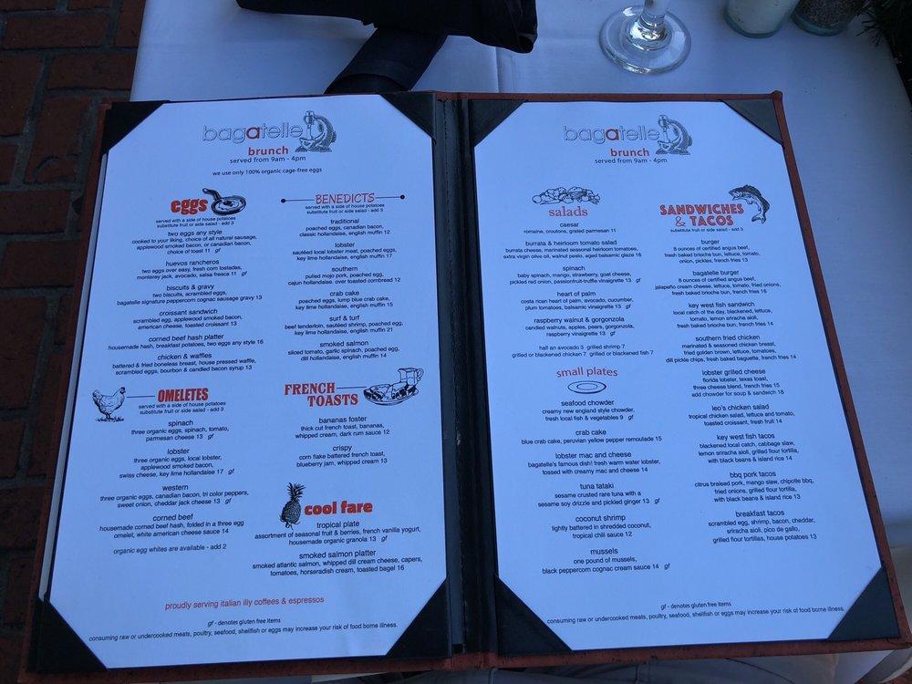 Menu at Bagatelle restaurant, Key West