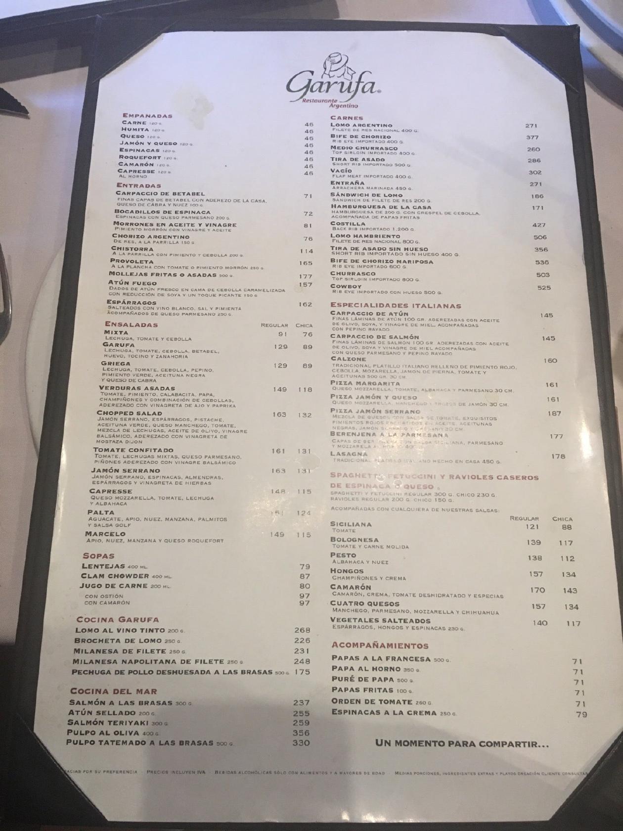 Carta de parrilla Garufa, Zacatecas, 135 Jardin Juarez