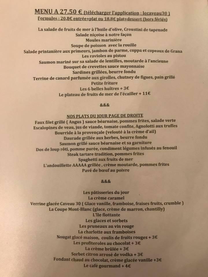 Menu at Le Caveau 30 restaurant, Cannes