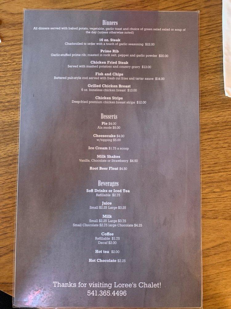 Menu at Loree's Chalet Restaurant, Chemult