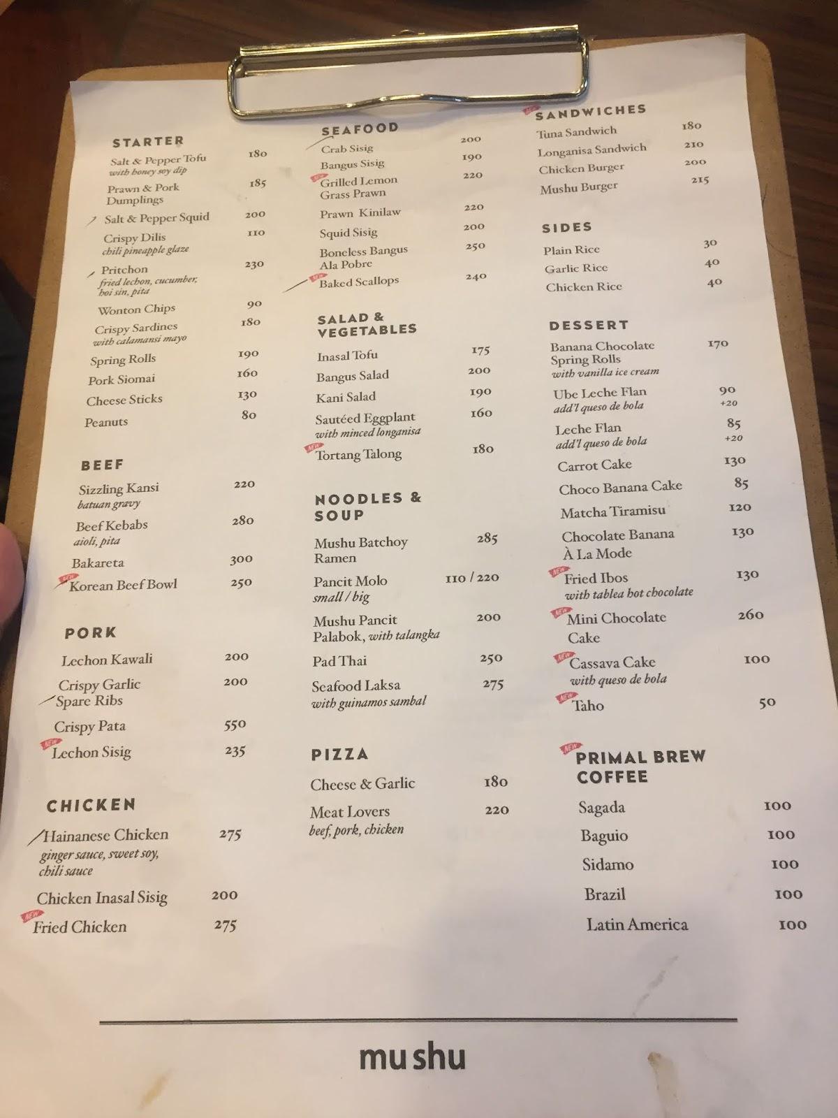 Menu at MuShu restaurant, Bacolod, 2Oth