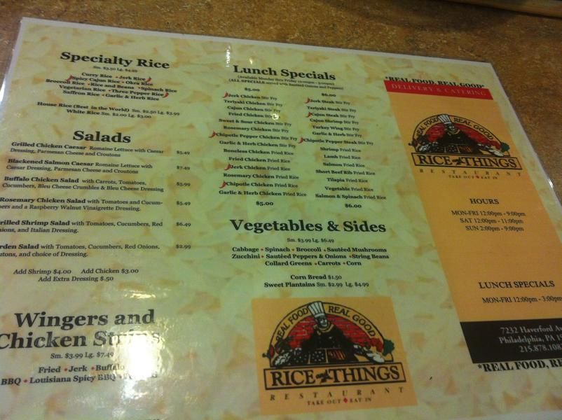 Menu at Rice & Things restaurant, Philadelphia