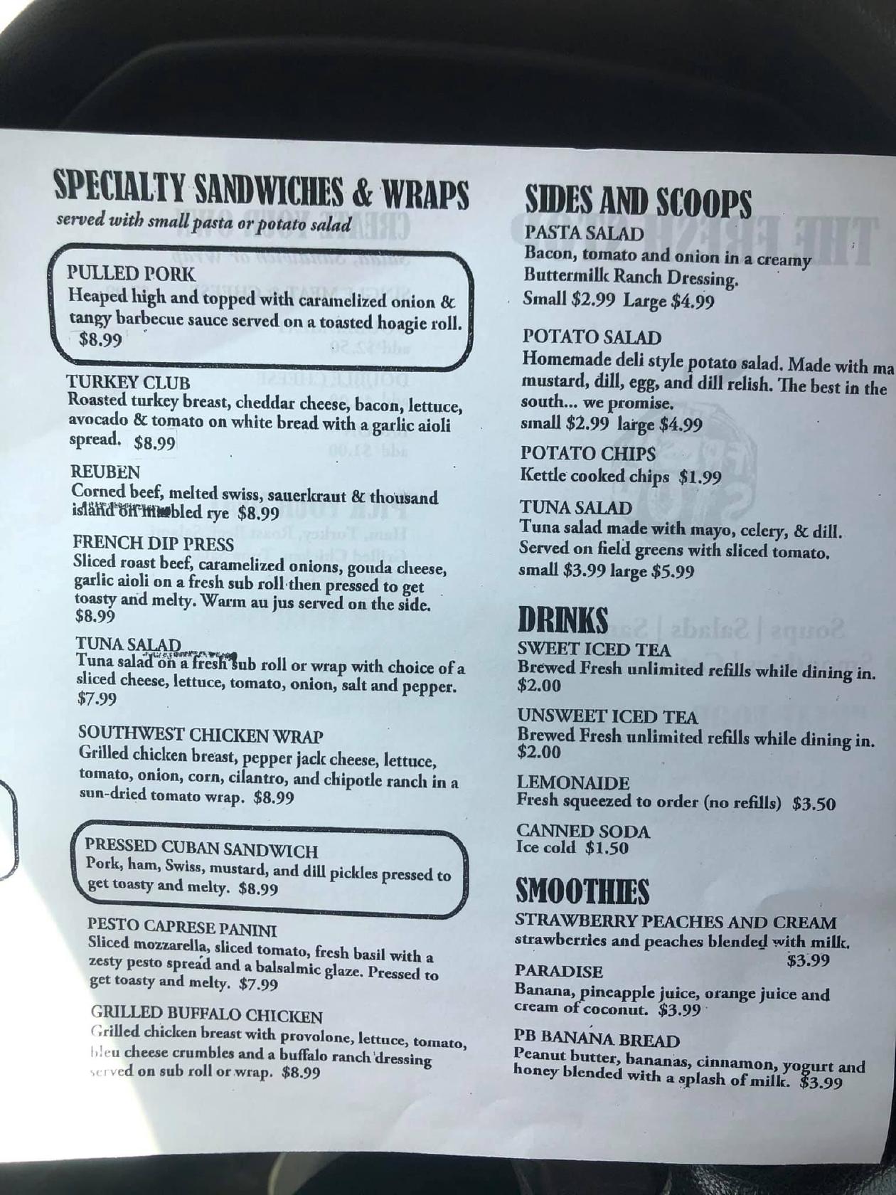 Menu at The Fresh Stop restaurant, Indiantown