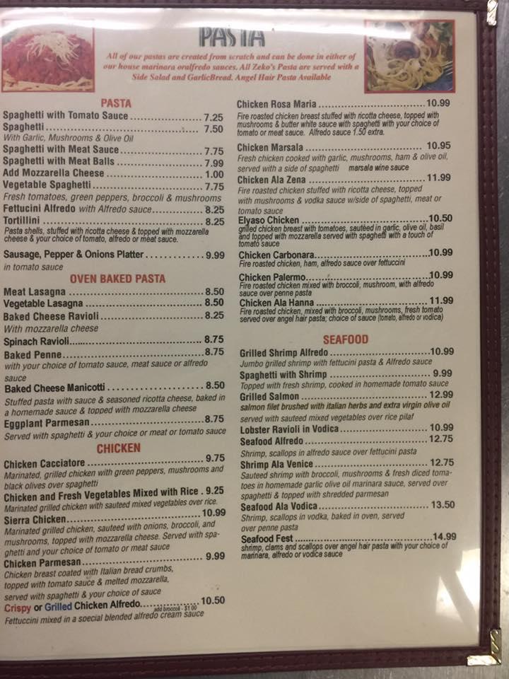Menu at Zeko's Village restaurant, Morganton, Burkemont Ave C