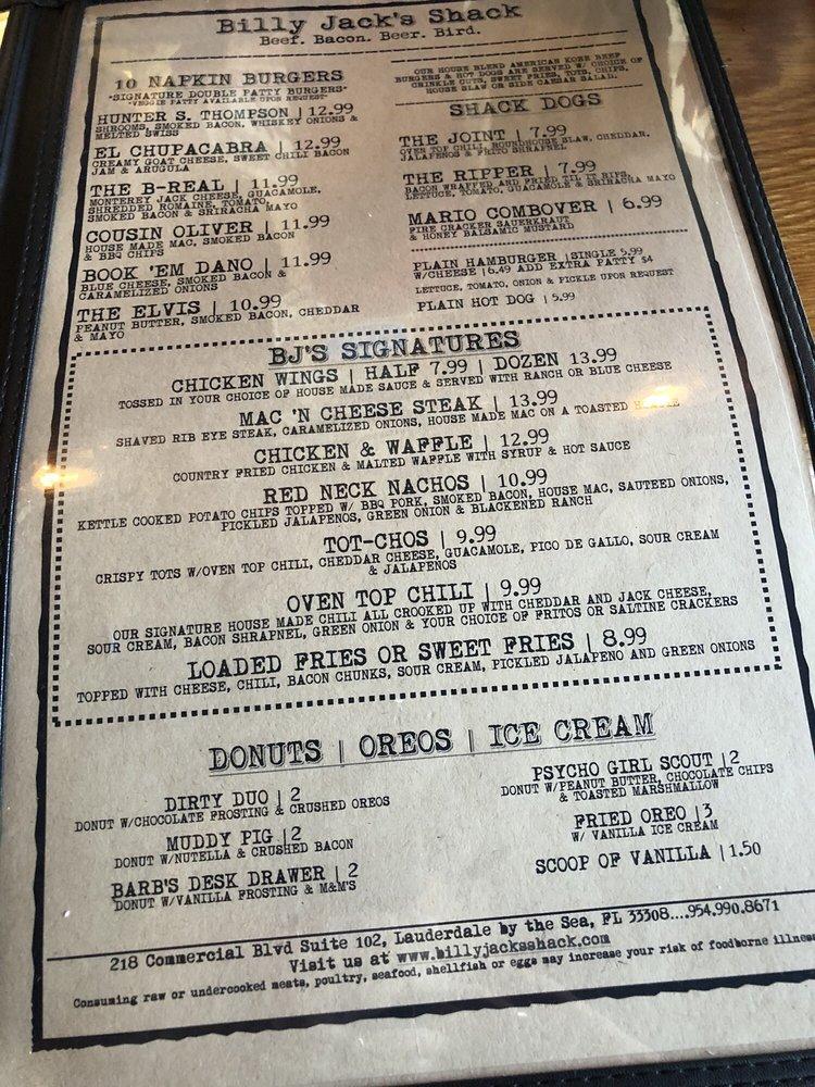 Menu at Billy Jack's Shack restaurant, Lauderdale-by-the-Sea