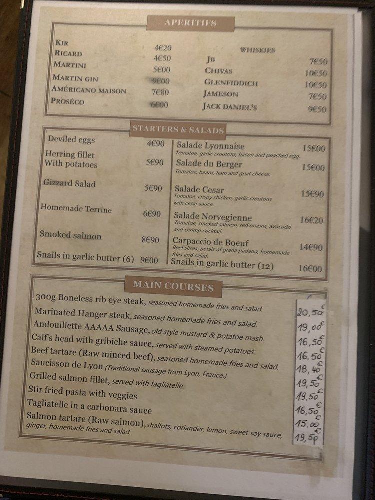 Menu au le Bistro lyonnais restaurant, Paris