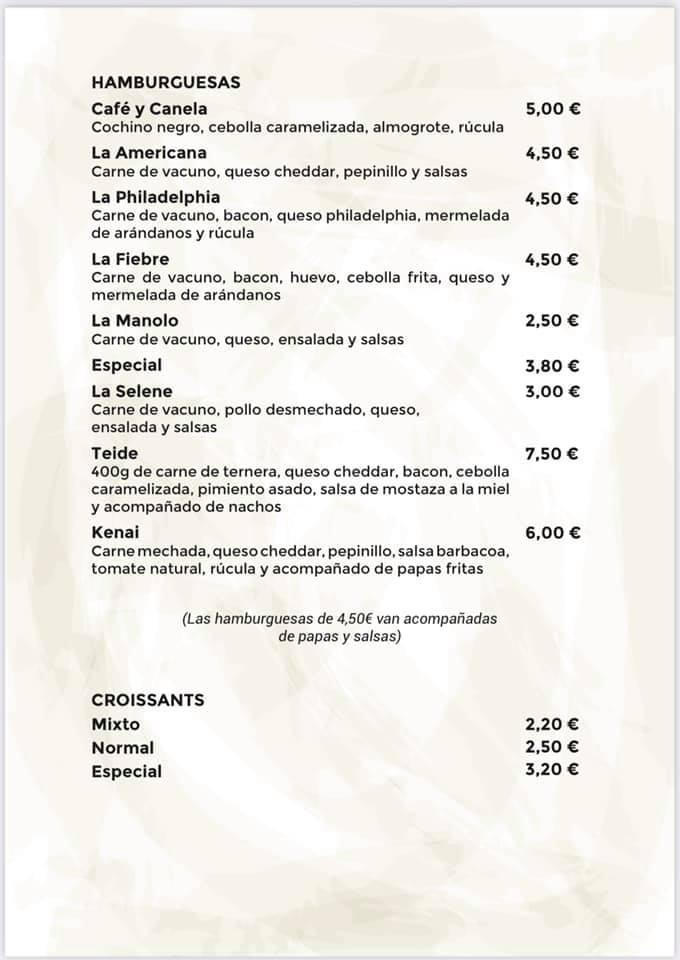 Menu at Café y Canela, San Juan de la Rambla
