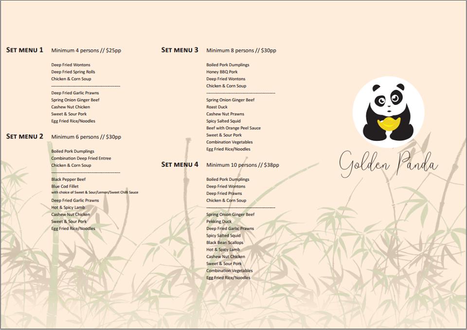 Menu at Golden Panda restaurant, Rangiora