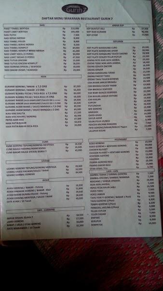 Menu at Gurih 7 Bogor Indonesia restaurant, Bogor, Jl. Pajajaran No.102