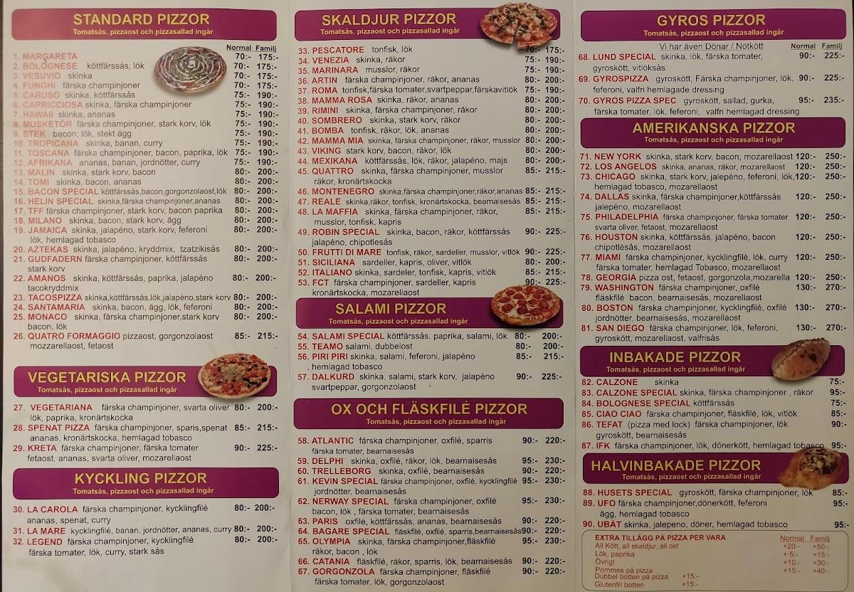 Menu at Pizzeria Monaco, Trelleborg, Västergatan 48