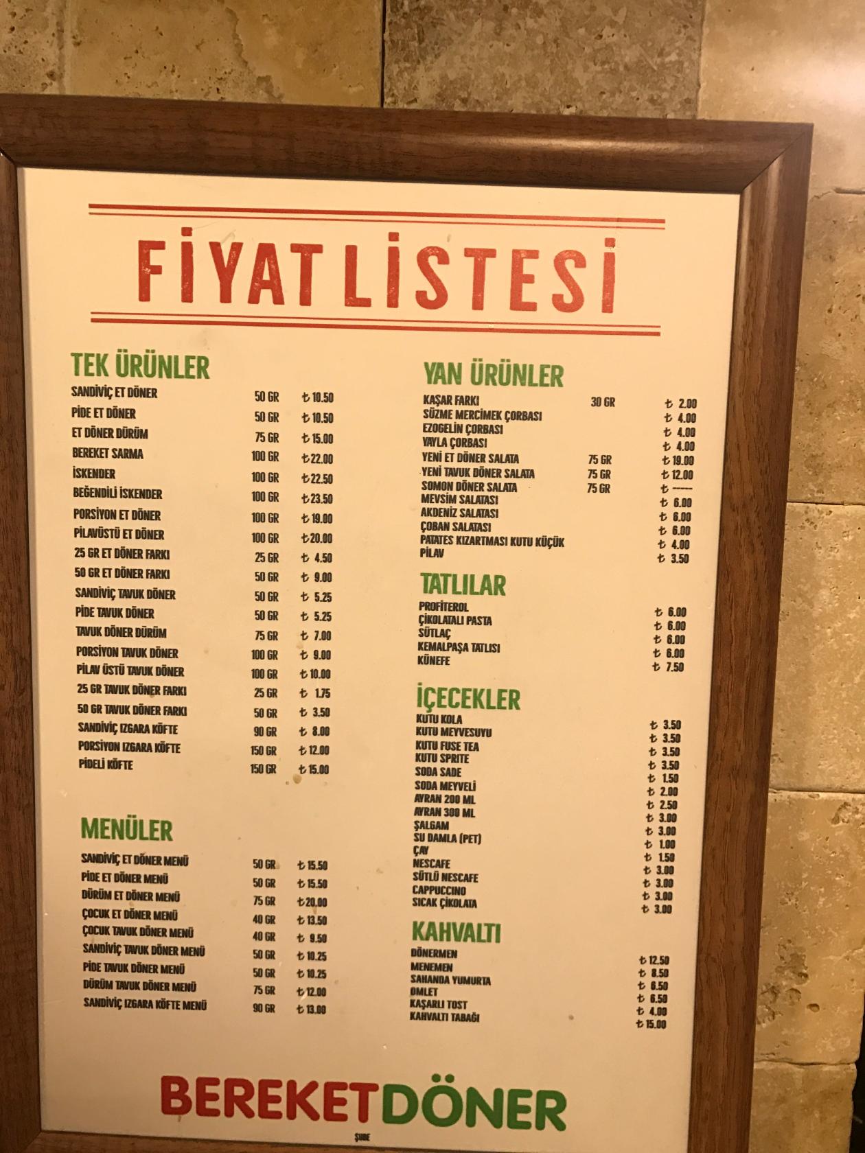 Menu at Bereket Döner Alemdağ Yamanevler, Istanbul