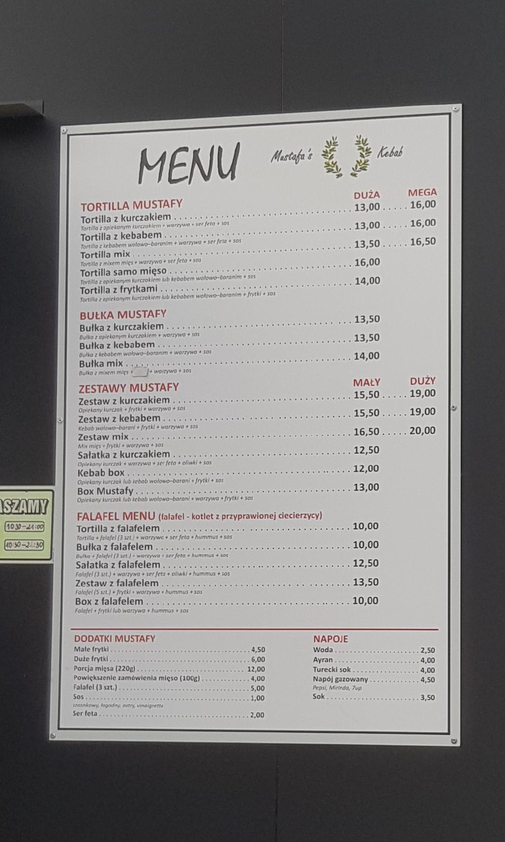 Menu at Mustafa's Kebab, Wrocław
