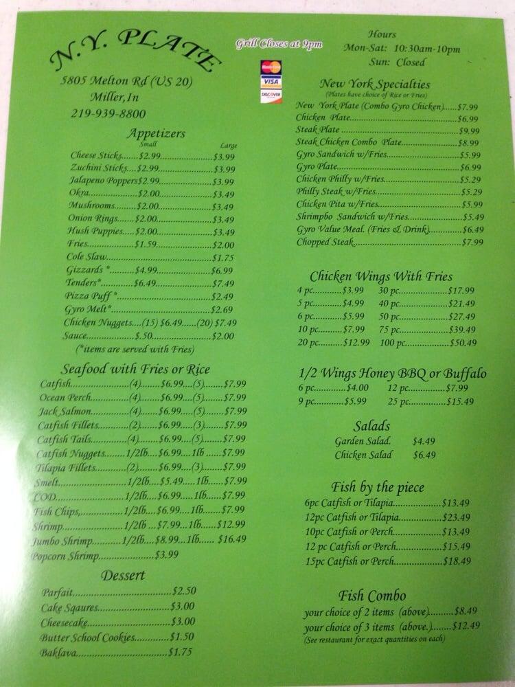 Menu at New York Plate restaurant, Gary