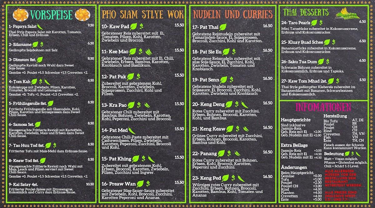 Menu da Pho Siam Thai Kitchen, Basilea