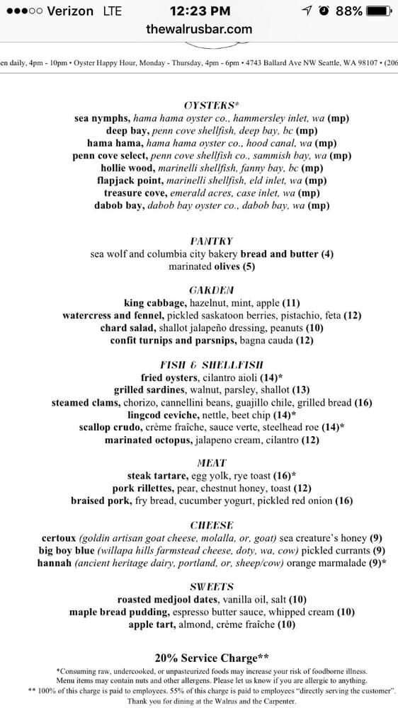 Menu at The Walrus and the Carpenter restaurant, Seattle