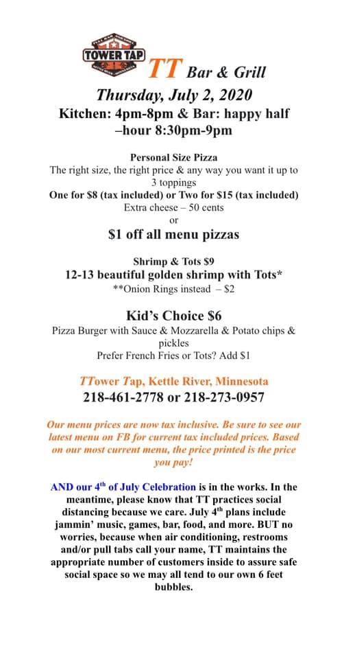 Menu at "TT" Tower Tap Full Bar & Restaurant, Kettle River