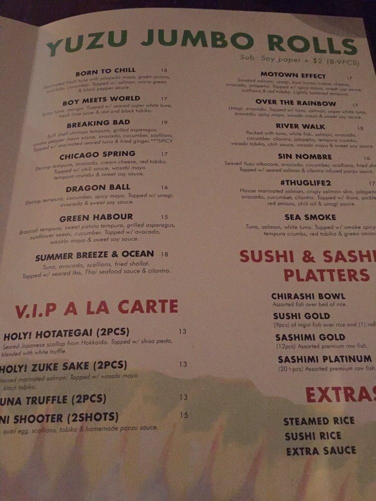 Menu at Yuzu Sushi & Robata Grill restaurant, Chicago