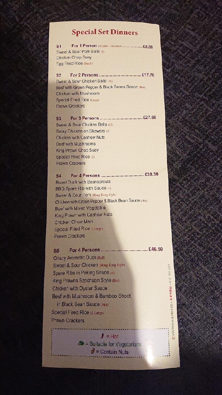 Menu at Dragon Inn fast food, Chatteris