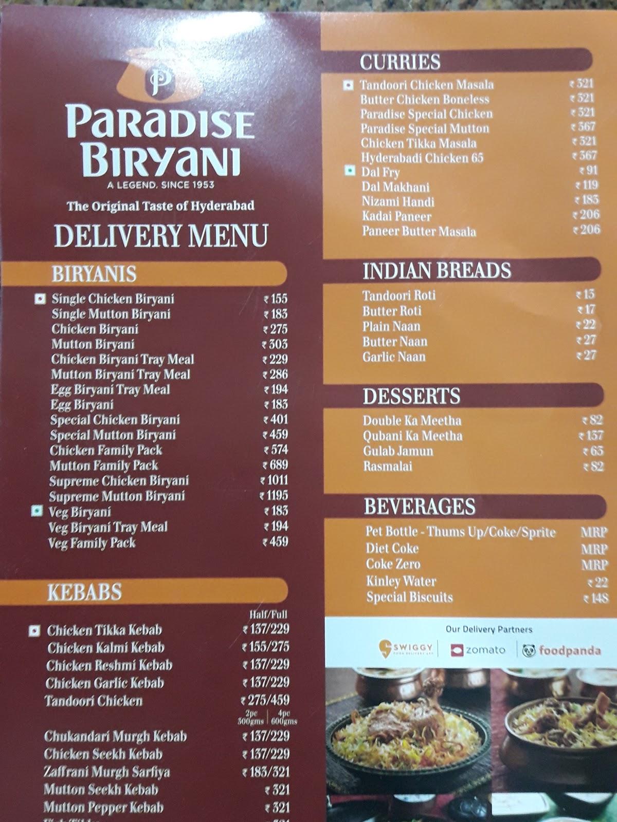 Menu at Paradise Biryani Raheja Mall, Gurugram, Raheja Mall